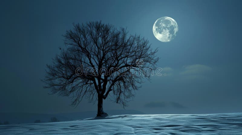 Lone Tree Under the Full Moon on a Snowy Night Stock Image - Image of ...