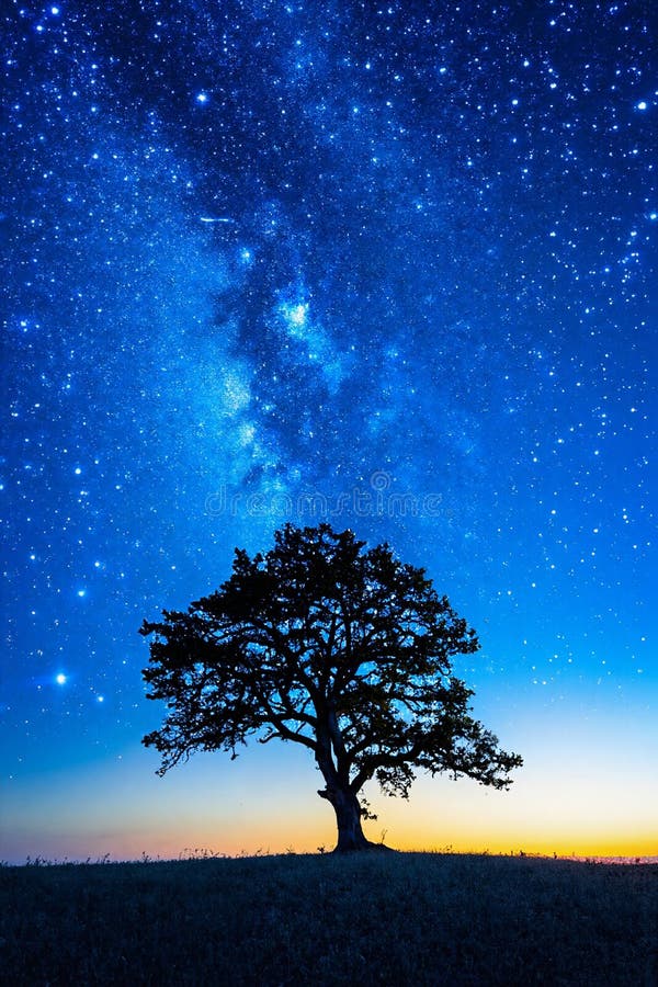 A Lone Tree Under a Starry Sky with Shooting Stars Stock Illustration ...