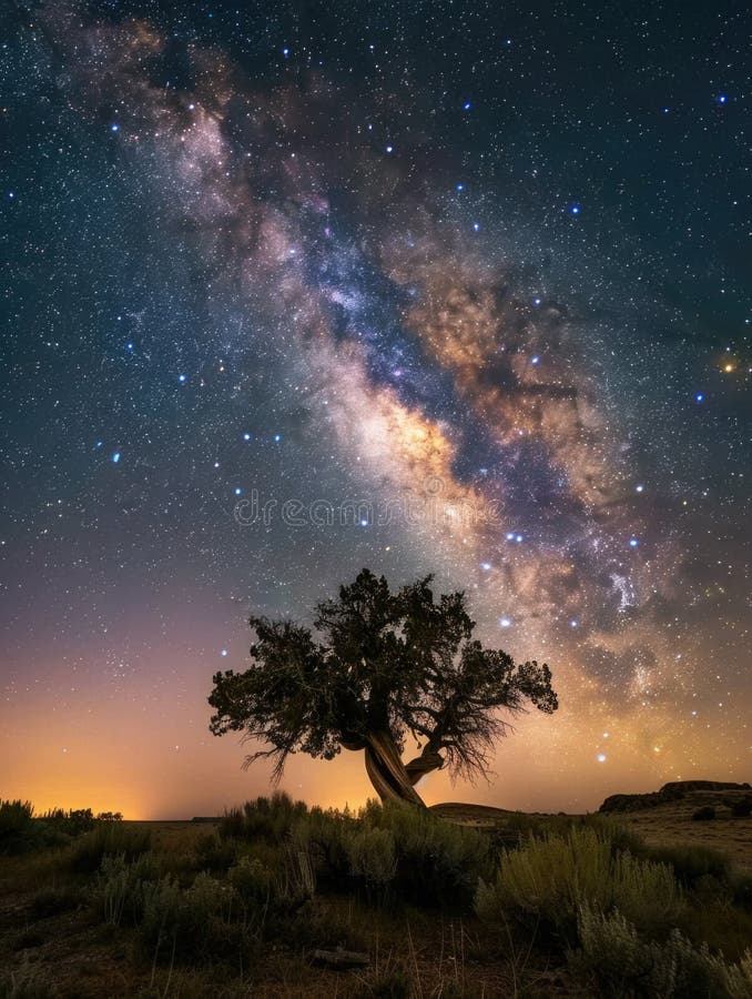 Lone Tree Under Starry Sky stock photo. Image of nature - 383469812