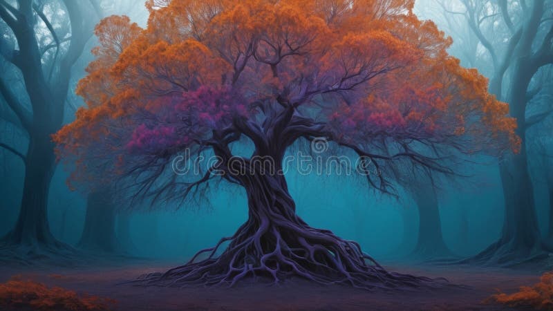 A Lone Tree with Vibrant Fall Foliage in a Misty Forest Stock ...