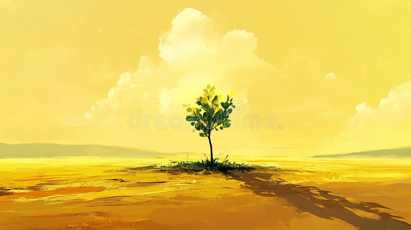 Lone Tree in a Yellow Desert Landscape Under a Bright, Cloudy Sky Stock ...
