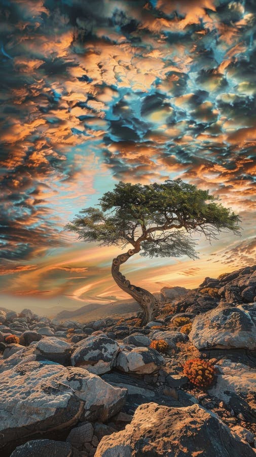 Lone Twisted Tree Sunset Desert Landscape Stock Photos - Free & Royalty ...