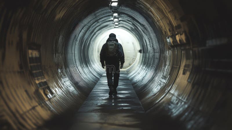 A Lone Walker in a Dark Tunnel, Exploring the Unknown Depths Ahead with Determination and ...