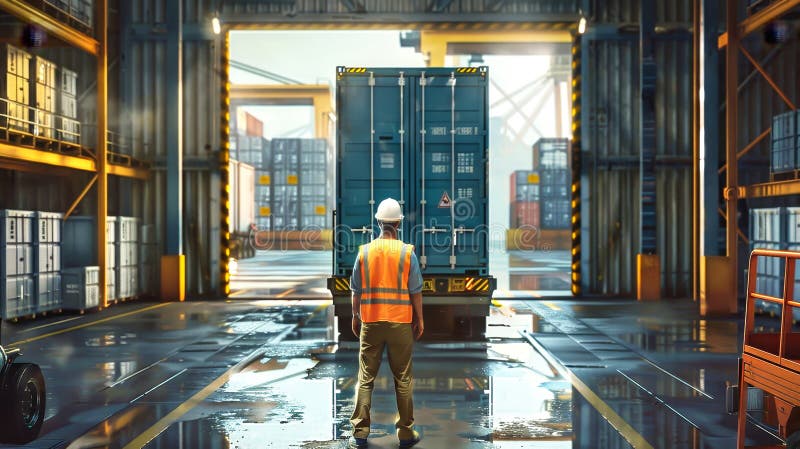 A Lone Warehouse Worker in a Safety Vest Stands in Front of a Large ...
