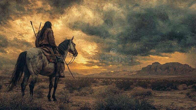 A Lone Warrior on Horseback Surveys the Dramatic Landscape at Sunset ...