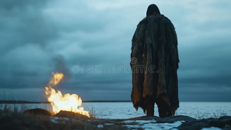 Warrior Standing before a Roaring Fire in Battle Scene Stock Video ...