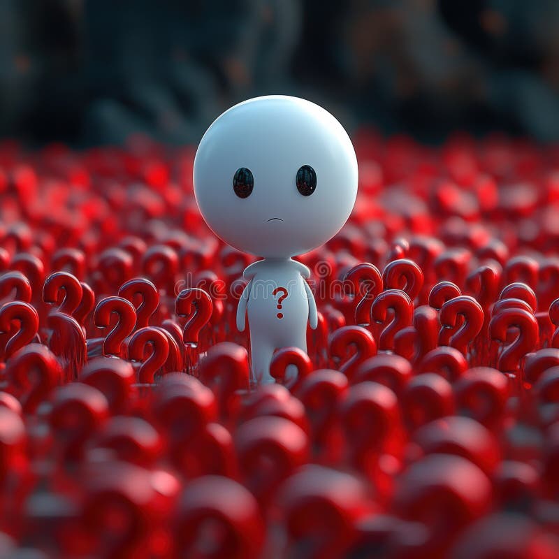 Lone White Cartoon Figure with Red Question Marks in Dark Environment ...