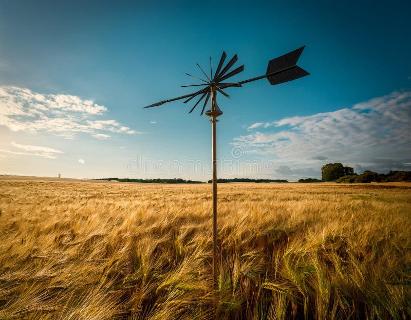 A Lone Wind Vane Standing in the Middle of a Barley Field Moving with ...