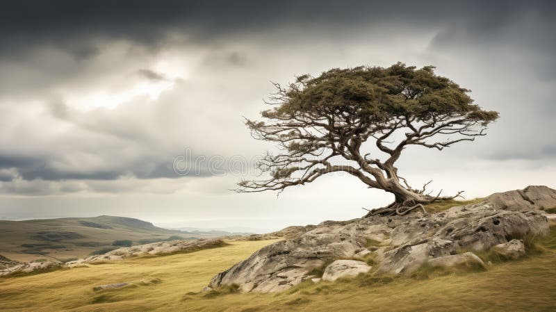 Lone windswept tree stock illustration. Illustration of overcast ...