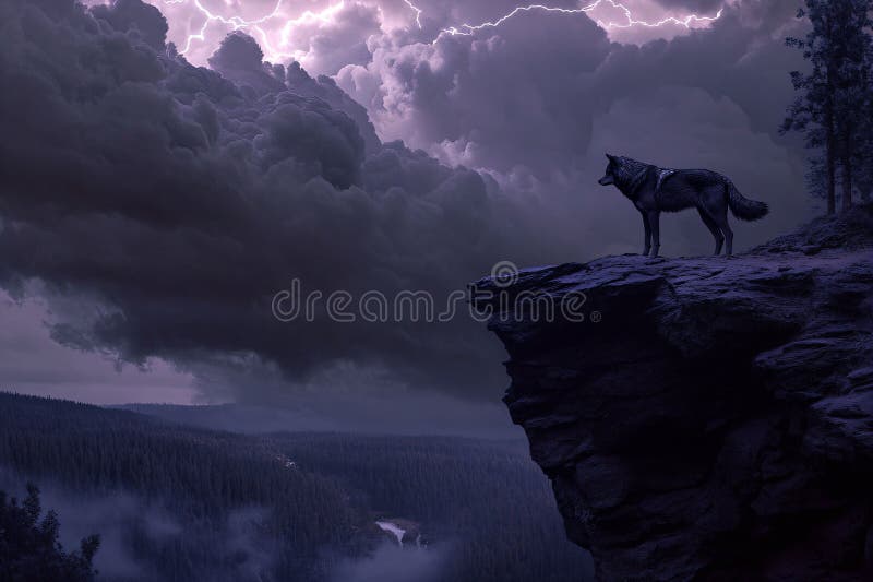 Lone Wolf on Cliff Under Storm Clouds Stock Image - Image of powerful ...