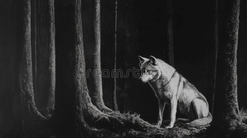 Lone Wolf in a Dark Forest at Night Stock Illustration - Illustration ...