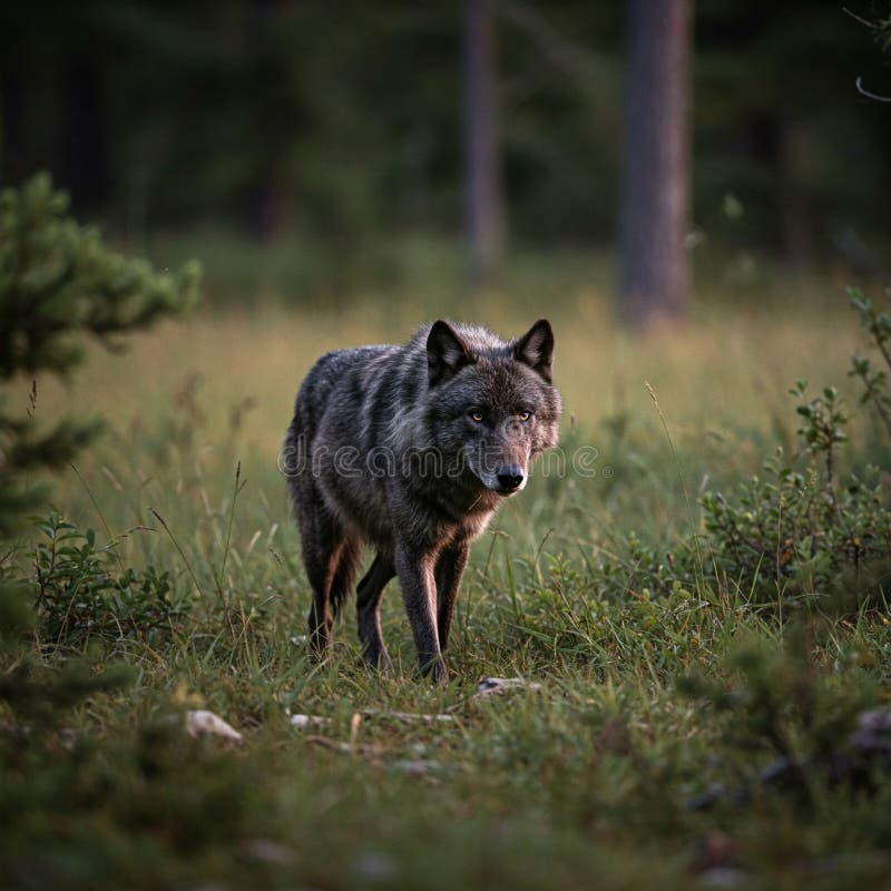 A Lone Wolf with Dark Fur Walks through a Grassy Field. Stock Photo ...