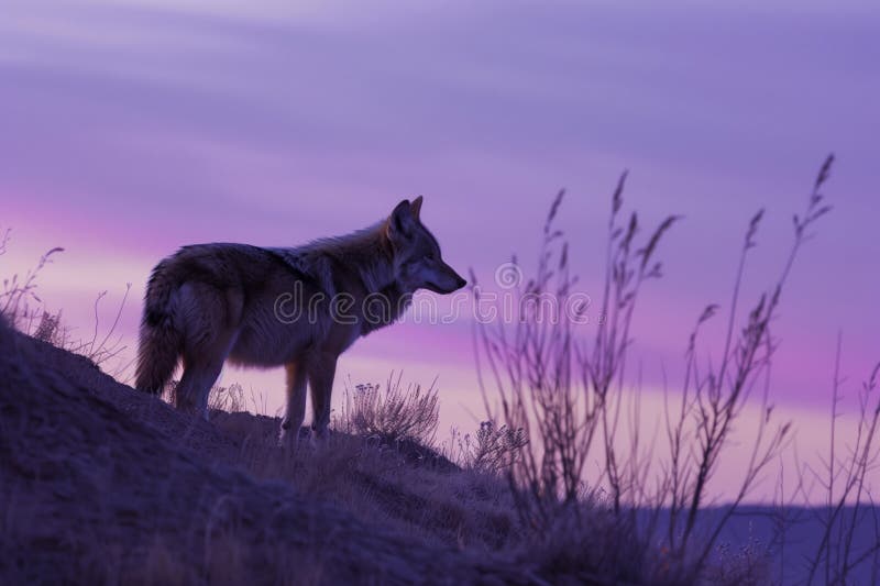 Lone Wolf on a Hill, Dusk Colors Framing it Stock Image - Image of ...