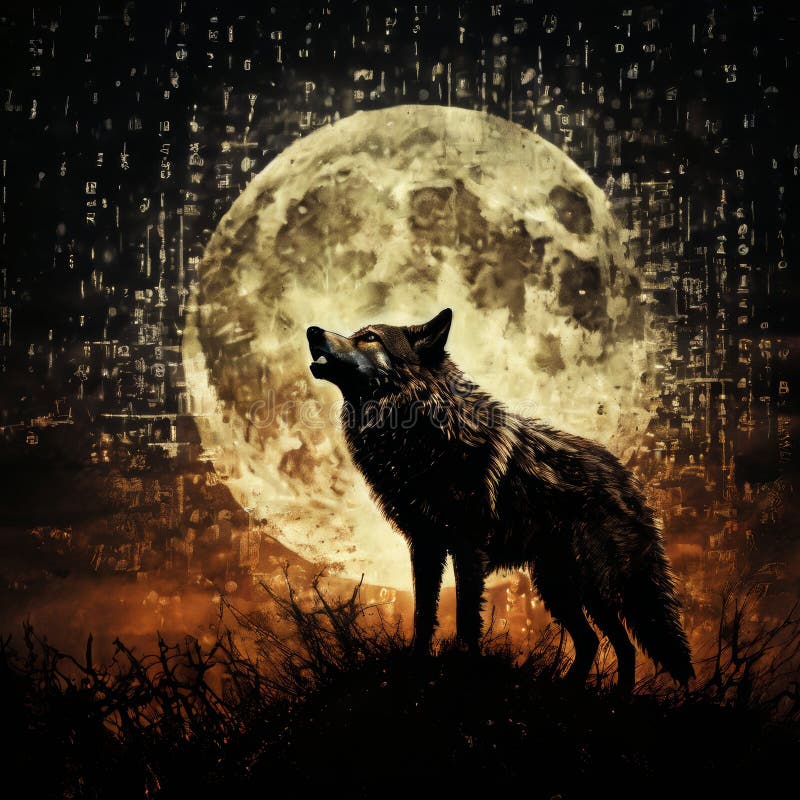 Lone Wolf Howling Against a Full Moon with Digital Abstract Background ...