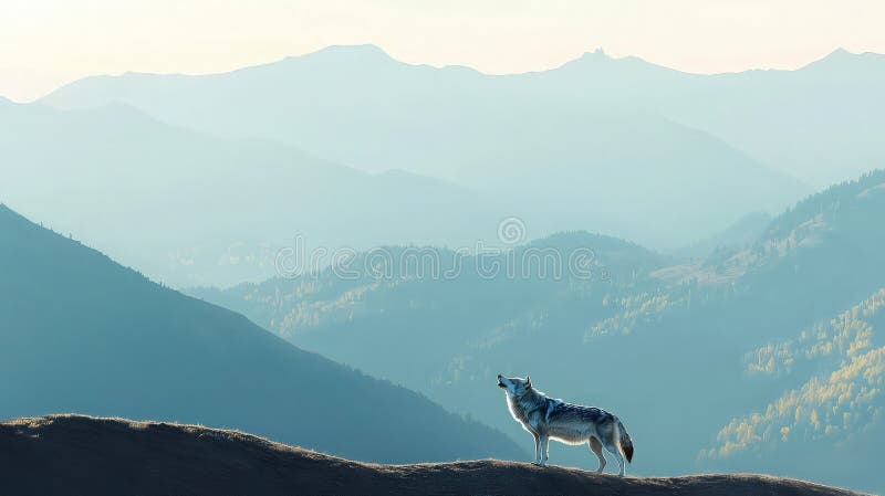 Lone Wolf Howling Atop Mountain Ridge, Overlooking Vast, Hazy Mountain ...