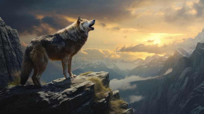 Lone Wolf Howling on a Cliff Edge Stock Image - Image of outdoors ...