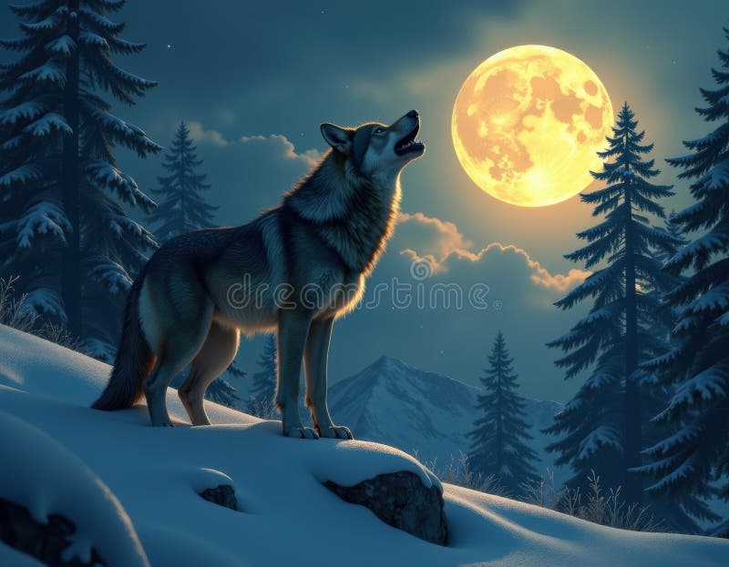 Lone Wolf Howling at the Full Moon in a Snowy Winter Landscape Stock ...