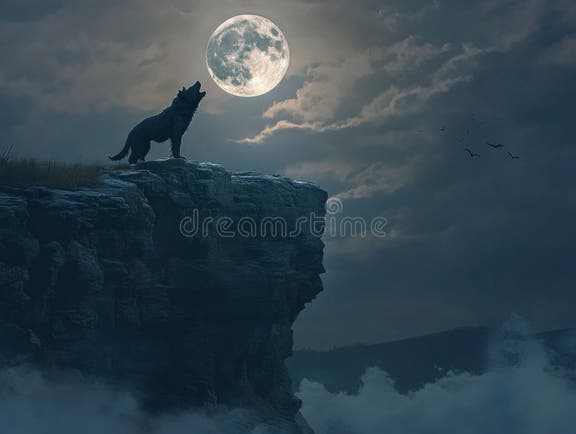 A Lone Wolf Howling at the Moon Atop a Cliff Stock Illustration ...