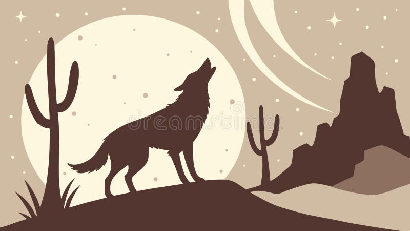 Lone Wolf Howling at the Moon in Desert Landscape, Vector Design ...