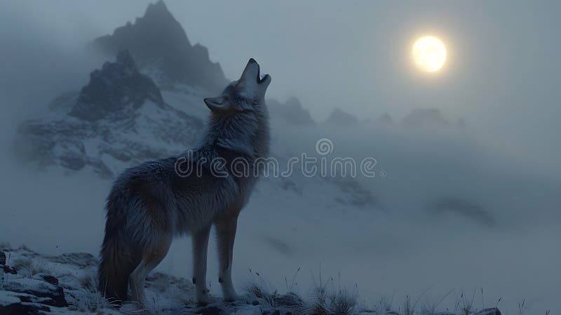 Lone Wolf Howling at the Moon in a Misty Mountain Landscape. Stock ...