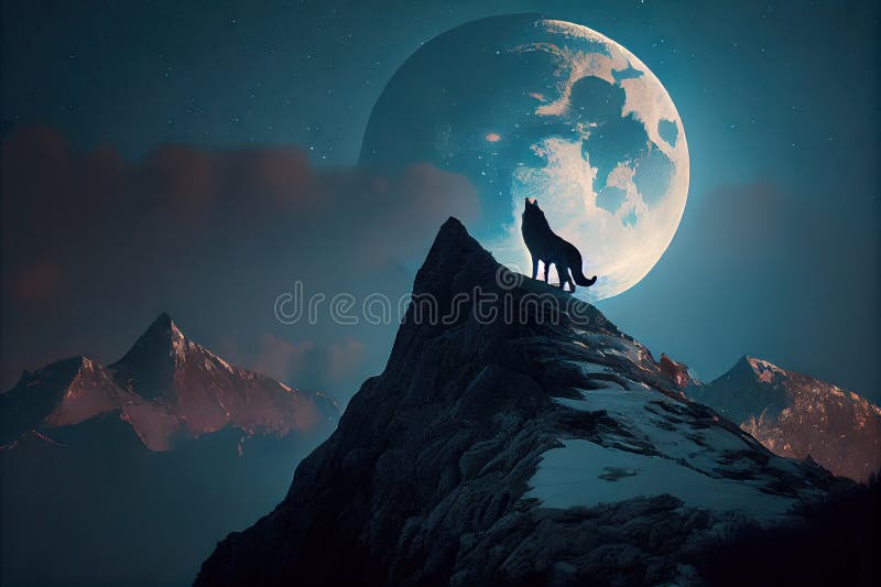 Lone Wolf Howling in the Moonlight on a Mountain Peak Stock ...