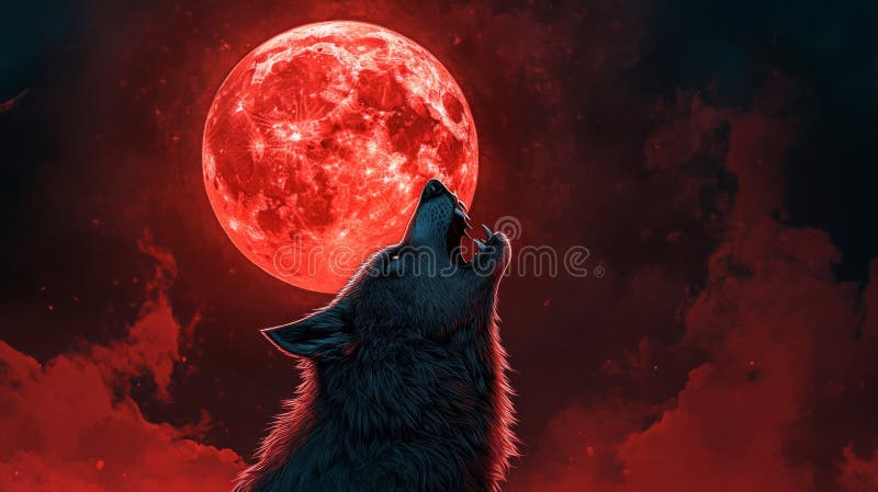 A Lone Wolf Howling at a Red, Full Moon in a Dark Sky Stock ...