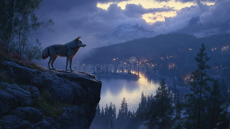 Lone Wolf Overlooking a Serene Lakeside Village at Dusk Stock Photo ...