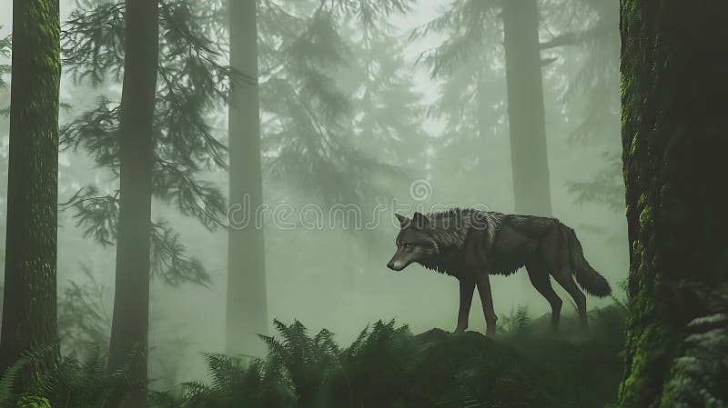 A Lone Wolf Prowling through a Dense, Misty Forest, Eyes Sharp and ...