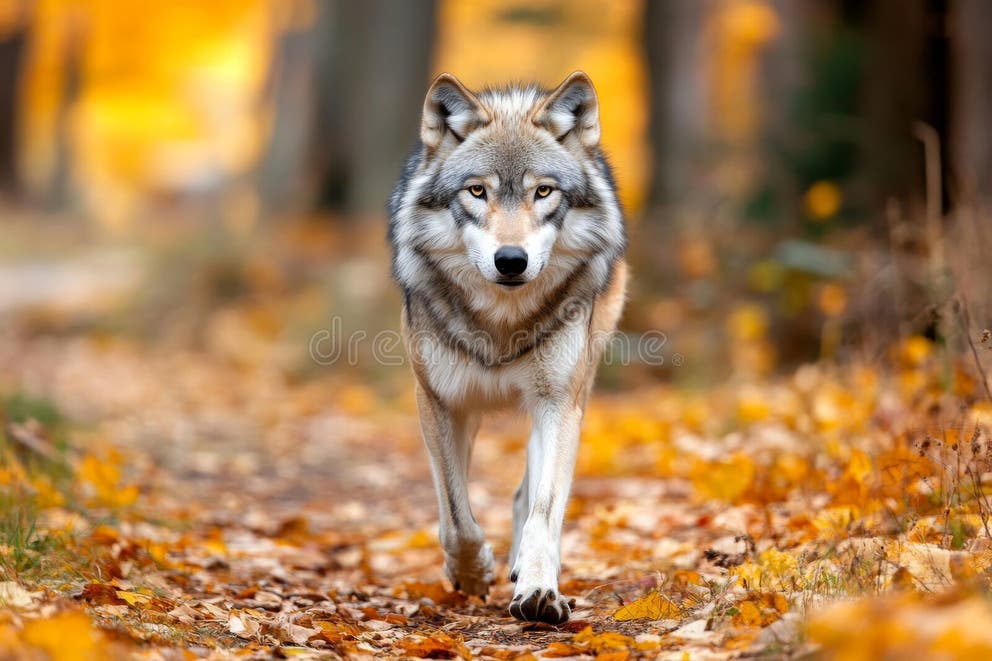 A Lone Wolf Prowls Down a Forest Trail, Baring Its Teeth Stock Image ...