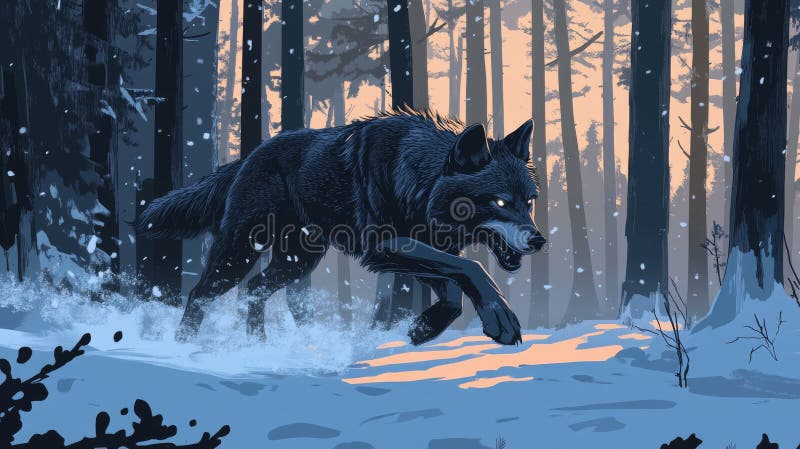 Lone Wolf Running through Snowy Forest at Sunset Stock Photo - Image of ...