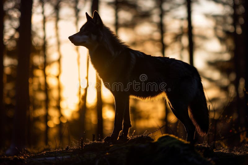 Lone Wolf Silhouette in the Deep Dark Woods Stock Illustration ...
