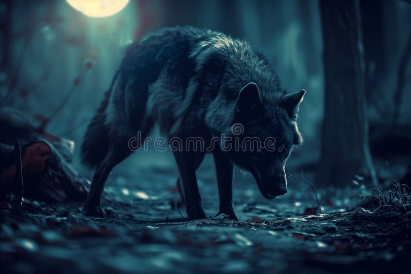 Lone Wolf Silhouette in the Deep Dark Woods at Night Stock Illustration ...