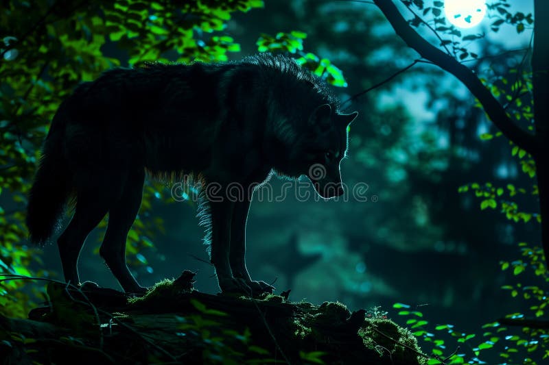 Lone Wolf Silhouette in the Deep Dark Woods at Night Stock Illustration ...