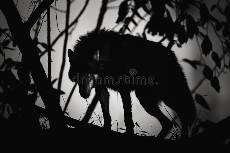 Lone Wolf Silhouette in the Deep Dark Woods at Night Stock Illustration ...
