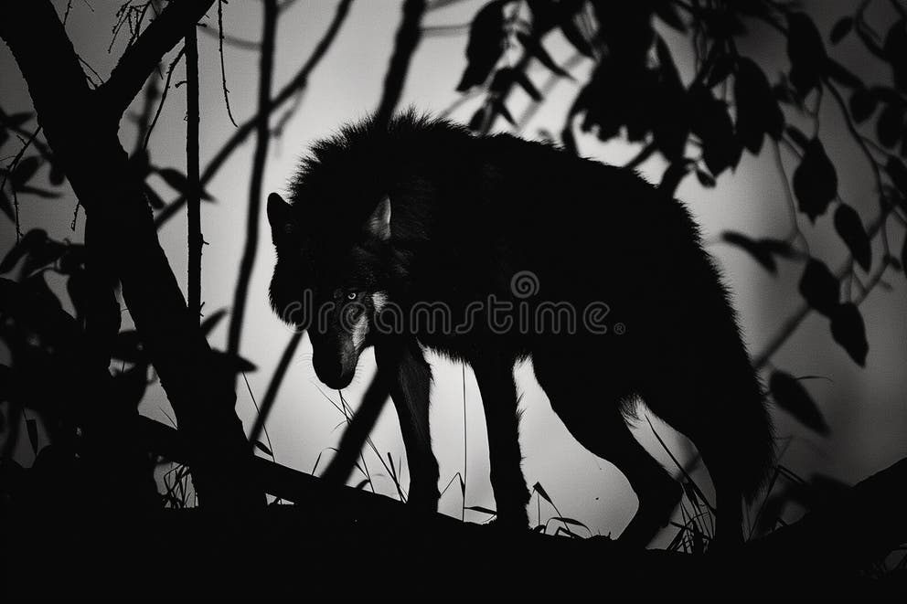 Lone Wolf Silhouette in the Deep Dark Woods at Night Stock Illustration ...