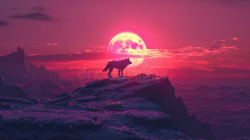 A Lone Wolf Standing on a Cliff Looking at the Sun, AI Stock ...