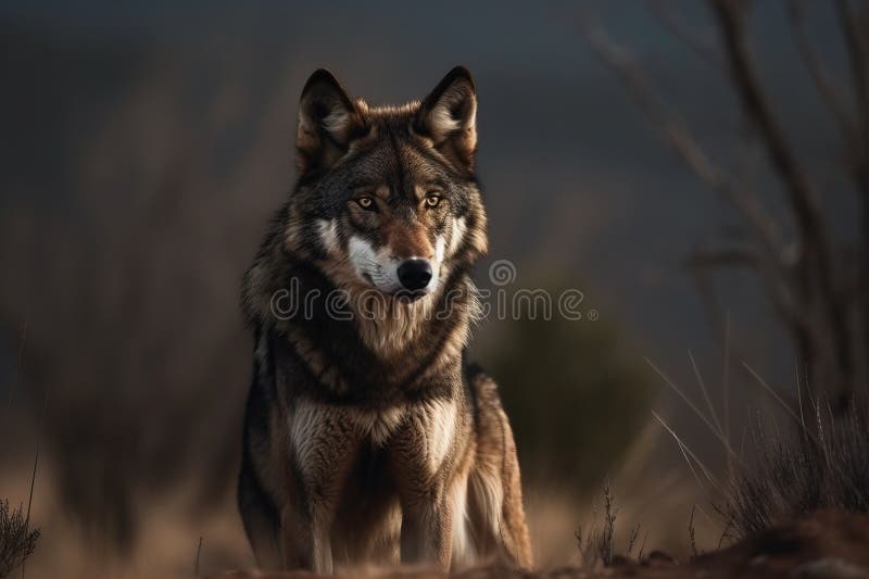 A Lone Wolf Standing in a Field of Dry Grass with a Dark Sky in the ...