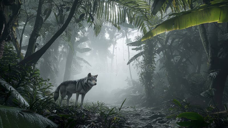 Lone Wolf Standing in a Misty, Dense Jungle Stock Photo - Image of ...