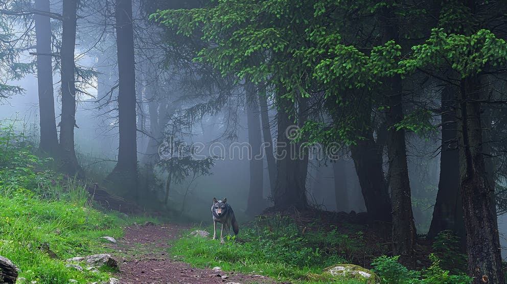 Lone Wolf Standing on a Misty Forest Trail Stock Image - Image of wolf ...