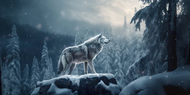 A Lone Wolf Standing on a Rock in a Snowy Forest. Generative AI Image ...