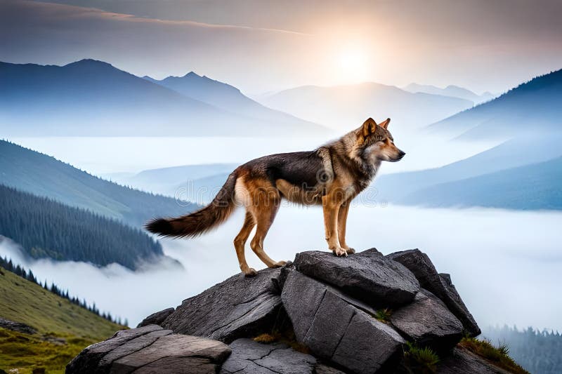 A Lone Wolf Standing on a Rocky Ledge Overlooking a Vast, Untouched ...