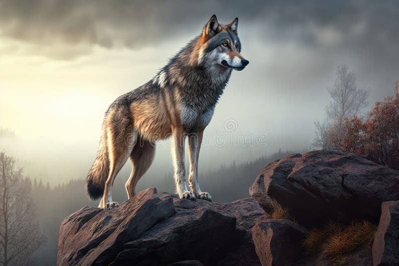 A Lone Wolf Standing on a Rocky Mountain Stock Illustration ...