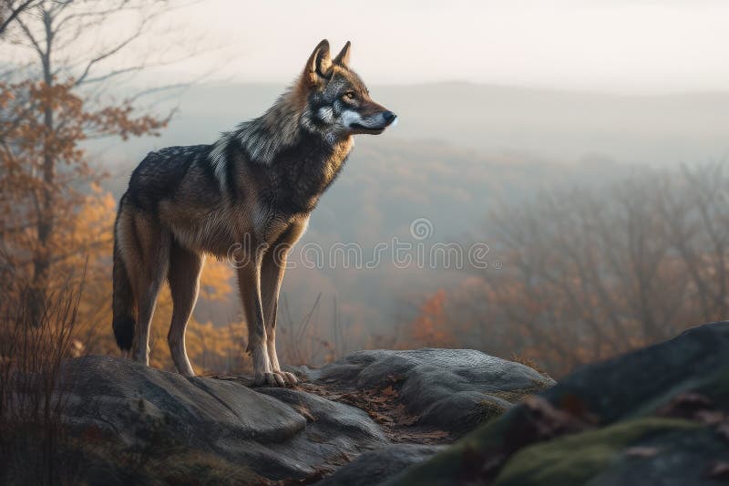 A Lone Wolf Standing on a Rocky Mountain Stock Illustration ...