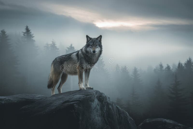 A Lone Wolf Standing on Top of a Rock in the Fog, AI Stock Photo ...