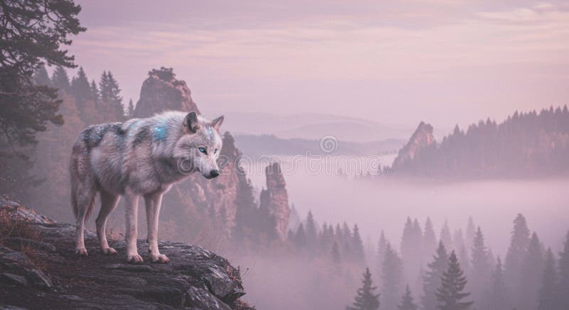 A Lone Wolf Stands on a Rocky Cliff Overlooking a Misty Coniferous ...