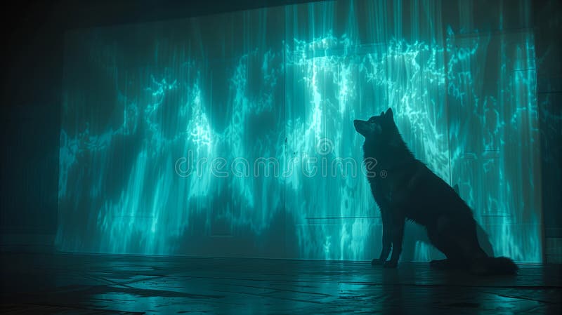 A Wolf Silhouetted Against a Glowing Teal Wall Stock Image - Image of ...
