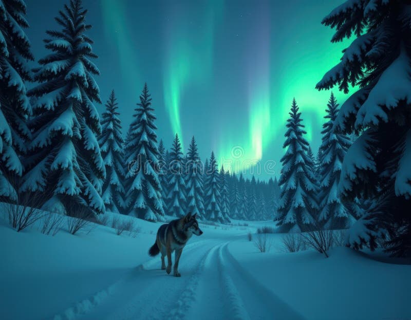 Lone Wolf Under the Aurora Borealis Stock Illustration - Illustration ...