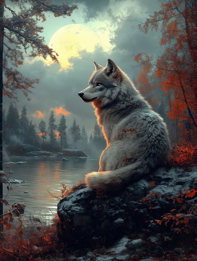 Lone Wolf Under the Starry Night Sky Stock Illustration - Illustration ...