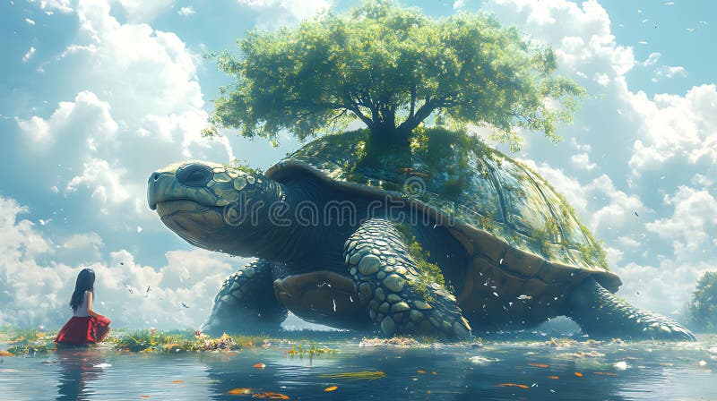 A Lone Woman Sits in Front of a Giant Turtle with a Tree Growing on Its ...
