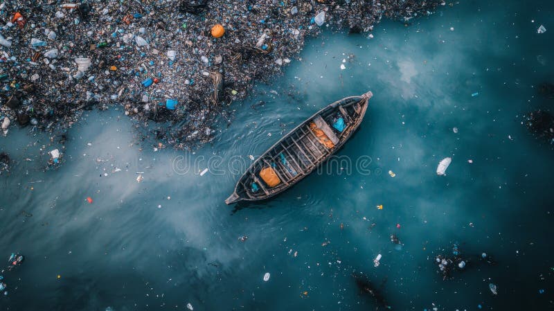 A Lone Wooden Boat Amidst a Sea of Plastic Pollution Stock Image ...